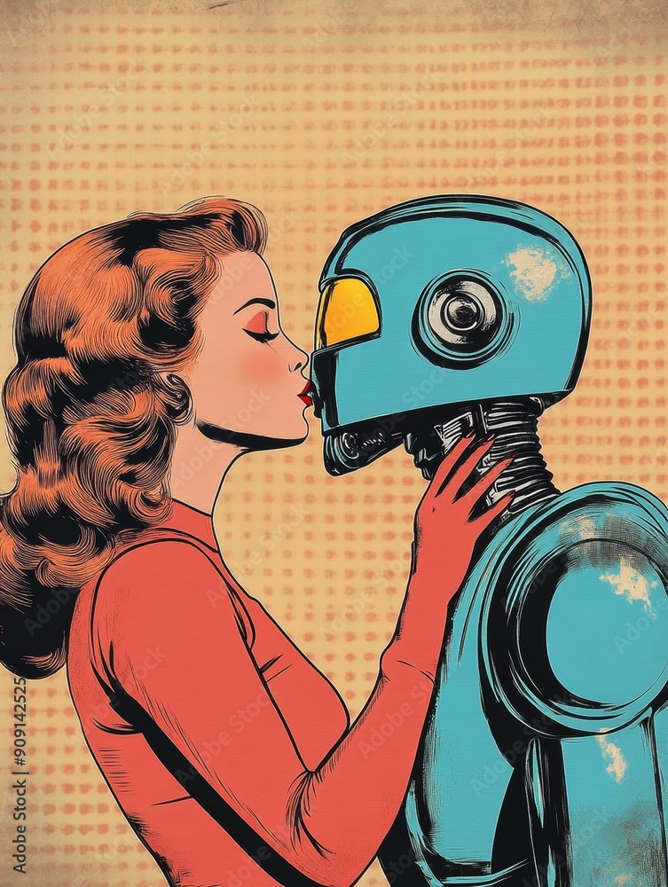 harmony and unification of technology and human feelings. kiss between ...