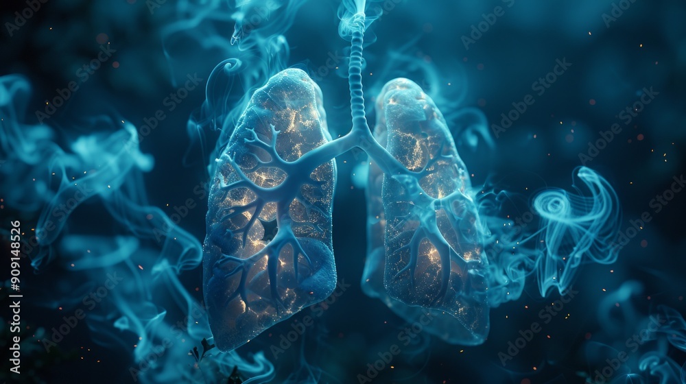 of a human lung on a dark blue background. A light blue and white lung ...