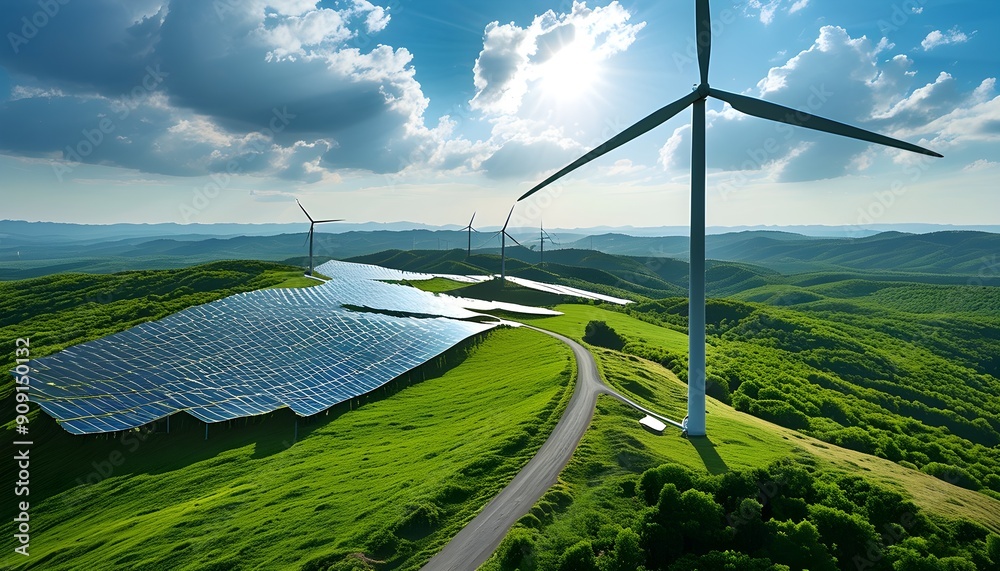 On the green hillside, wind turbines and solar panels complement each ...