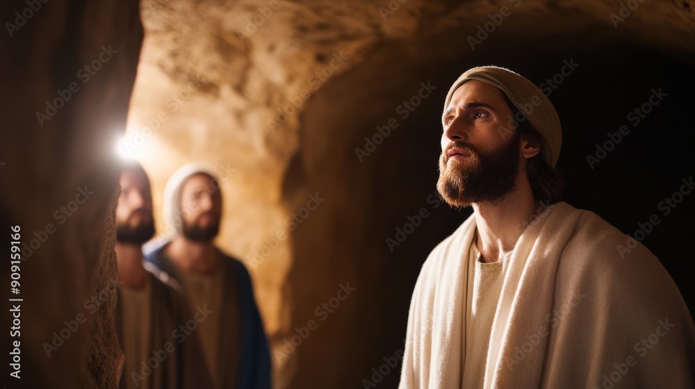 Jesus Christ resurrecting Lazarus from the tomb, astonished onlookers ...