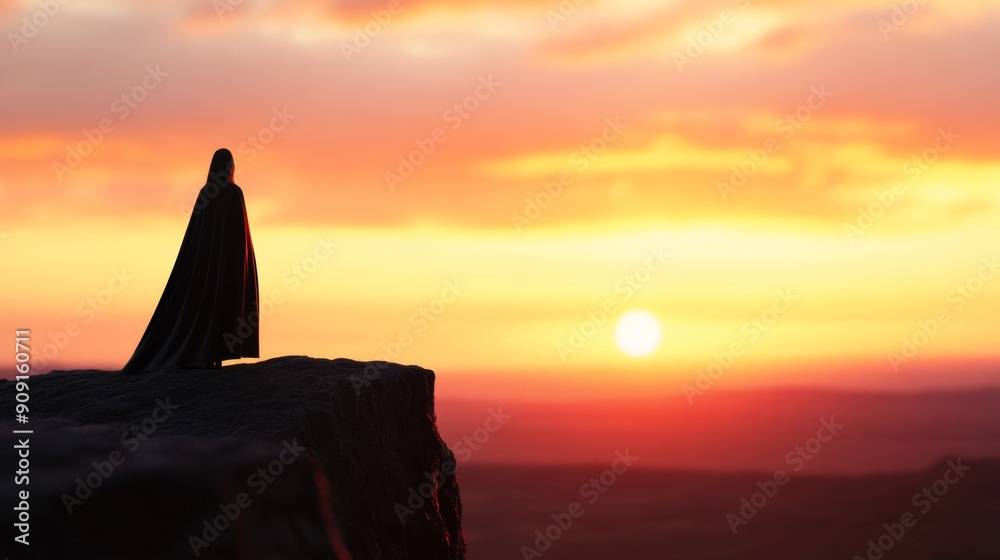 queen standing on a cliff at sunset, her cloak flowing in the wind ...