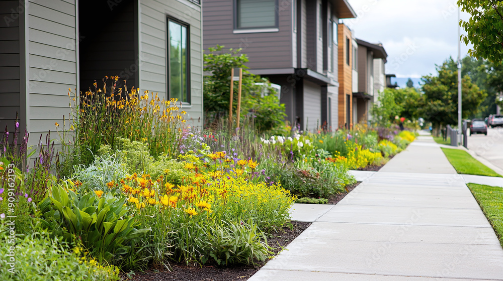 a modern urban streetscape featuring rain gardens and bioswales along ...