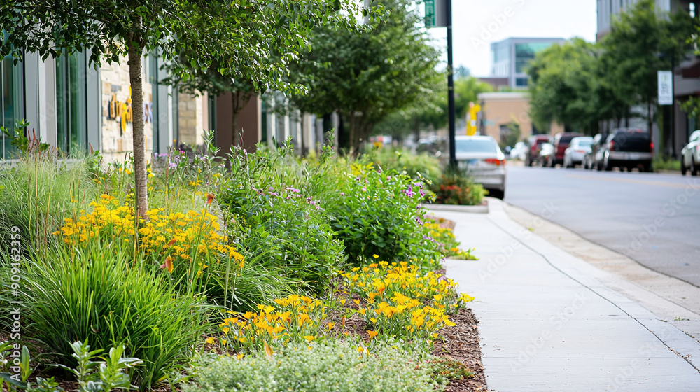 a modern urban streetscape featuring rain gardens and bioswales along ...