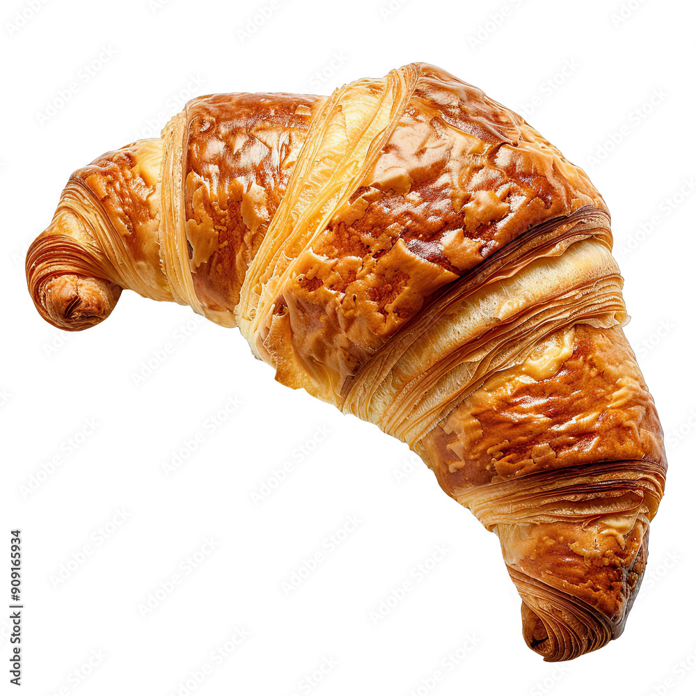A perfectly baked, golden-brown croissant with flaky layers is ...