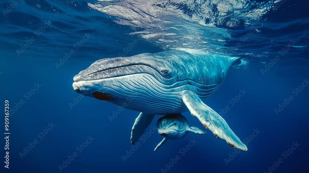 Blue whale calf nursing, tender moment in open ocean, whale behavior ...