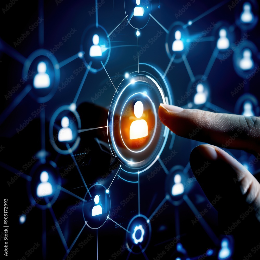 Finger touching virtual network icon with multiple human figures ...