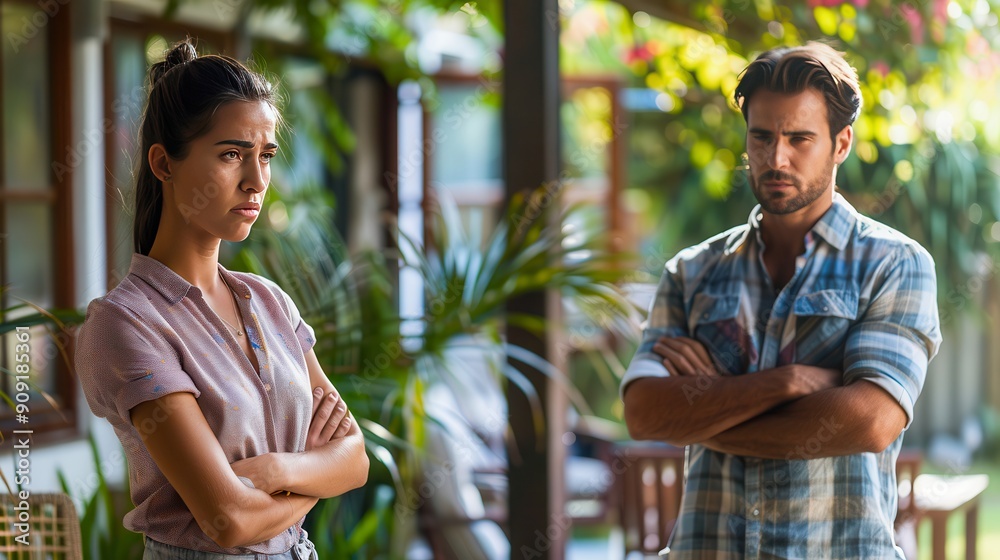A worried couple on their home terrace stands apart with arms crossed ...