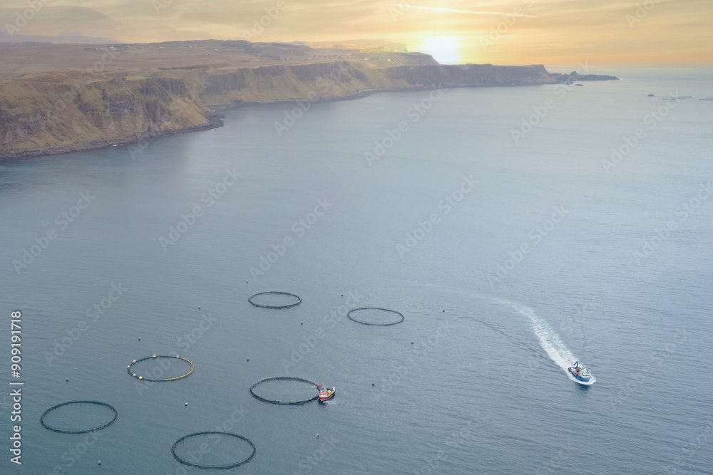 Fish farm nets in ocean at the Isle of Skye in Scotland Stock Photo ...