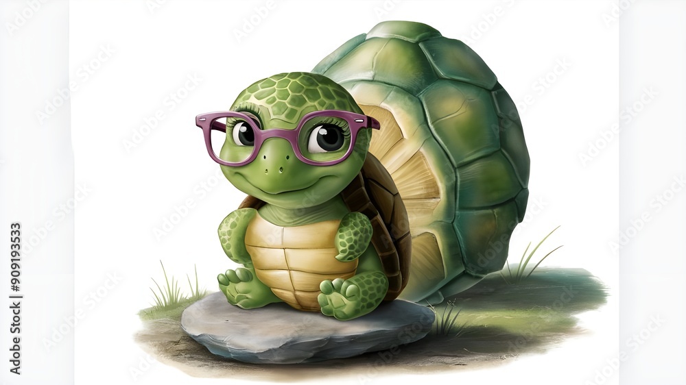 Cute Little Green Turtle Wearing Glasses. A delightful green turtle ...