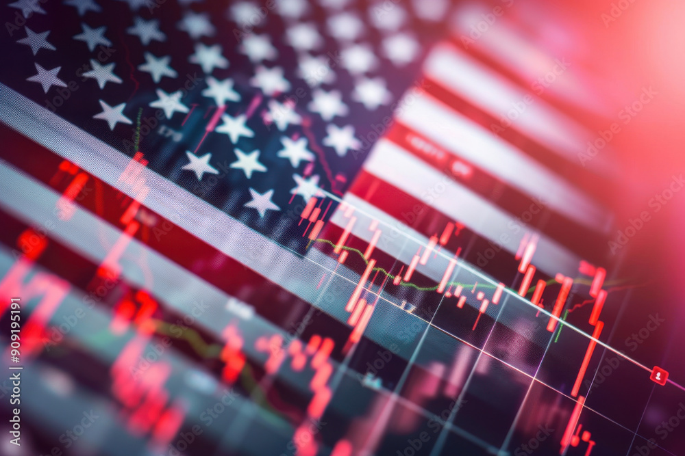 Dynamic stock market graph overlaying an American flag symbolizes the ...