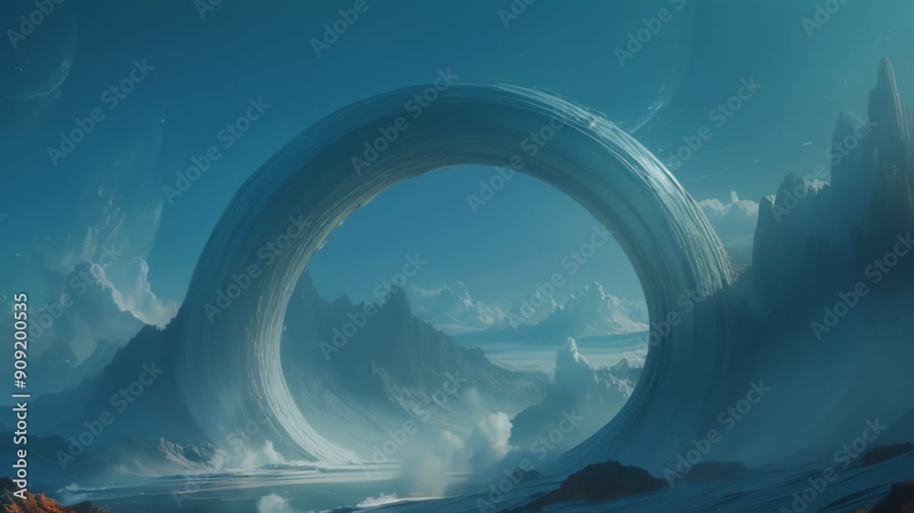 A vast landscape with a colossal rotating ring structure, mountainous ...