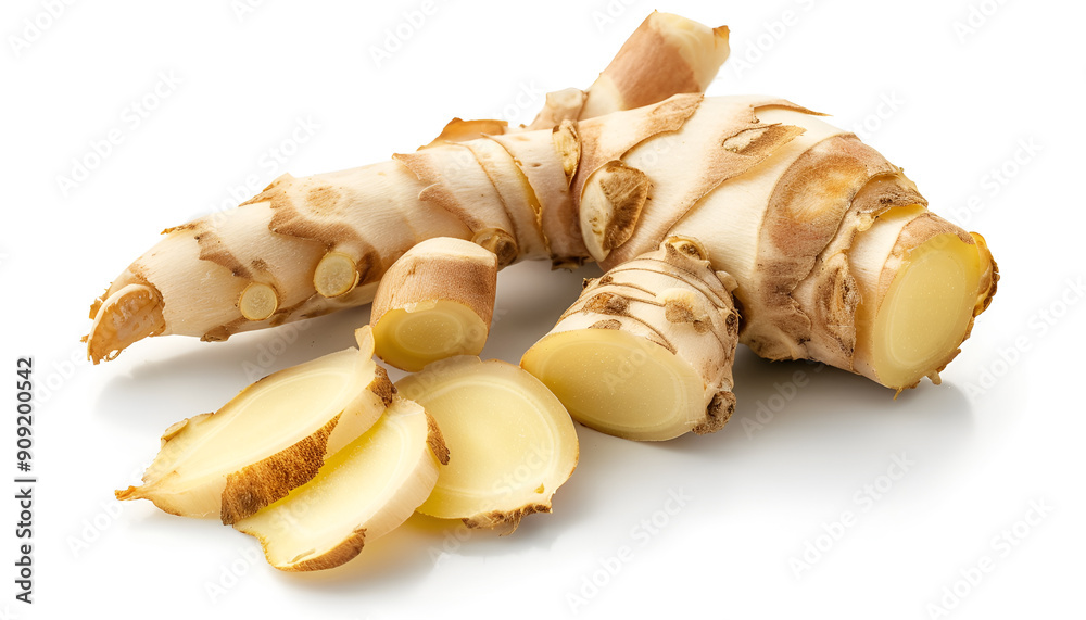 Fresh galangal root with slices isolated on white background with full ...