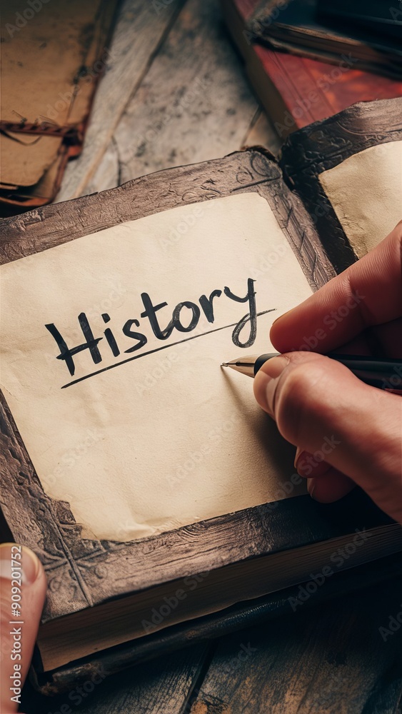 The hand of a man with a pen writes the word History in an ancient book ...