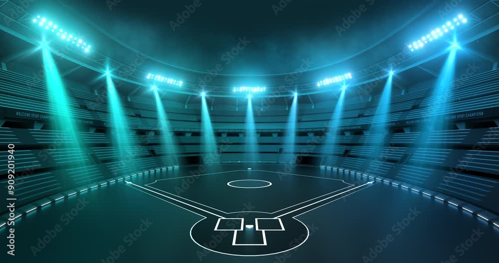 Futuristic baseball stadium at night with shining spotlights and ...