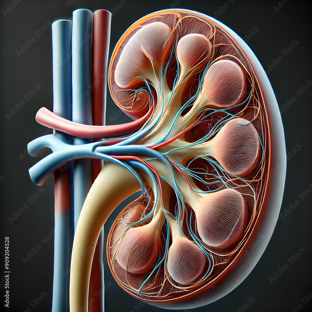 3D model of a human kidney, showing the detailed internal anatomy ...