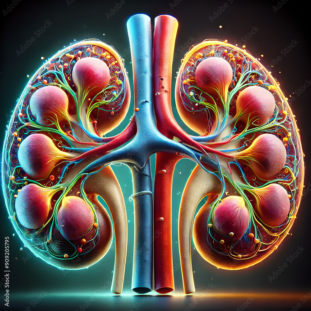 3D model of a human kidney, showing the detailed internal anatomy ...