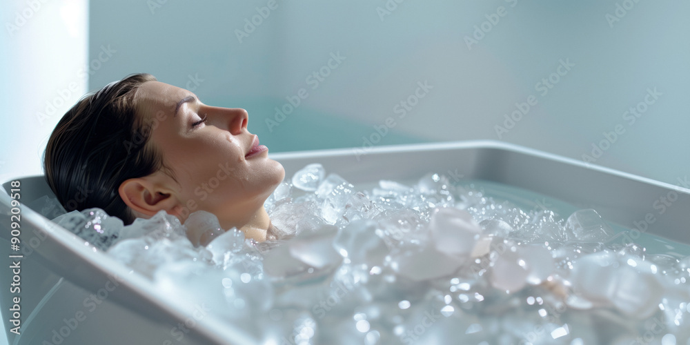 an athlete woman with a calm expression, lying in a bathtub filled with ...
