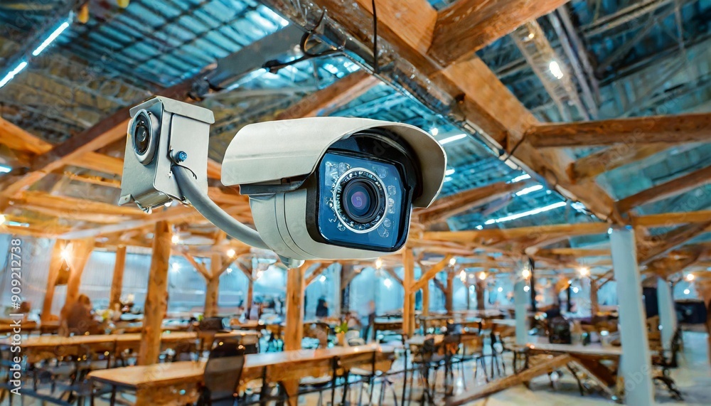 Surveillance camera hanging in a modern cafe, capturing the vibrant ...