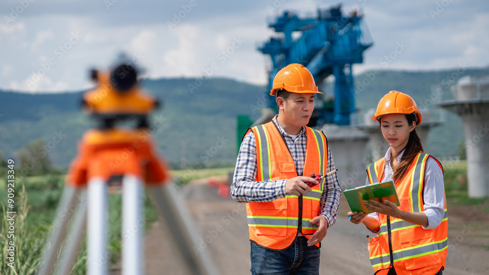 Survey team is working with a theodolite and road construction plans ...