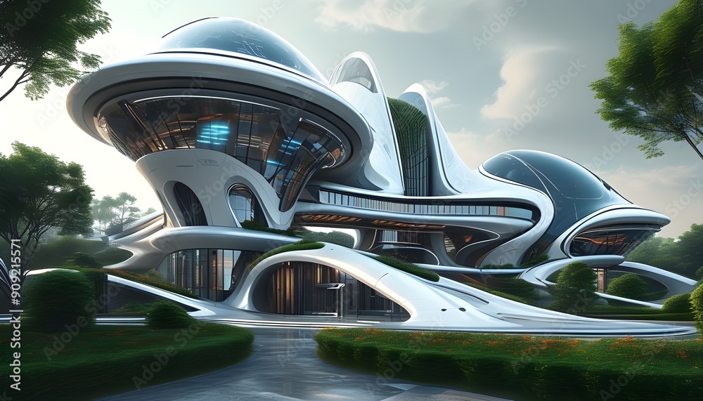 The futuristic building has a streamlined exterior, equipped with large ...