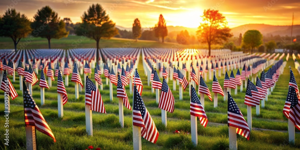 American Flags at Sunset in a Field of White Crosses, Memorial Day ...