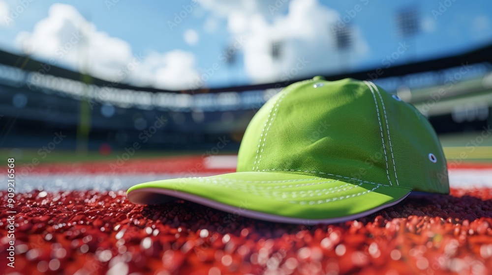 Vibrant green baseball cap placed on a baseball field under clear blue ...