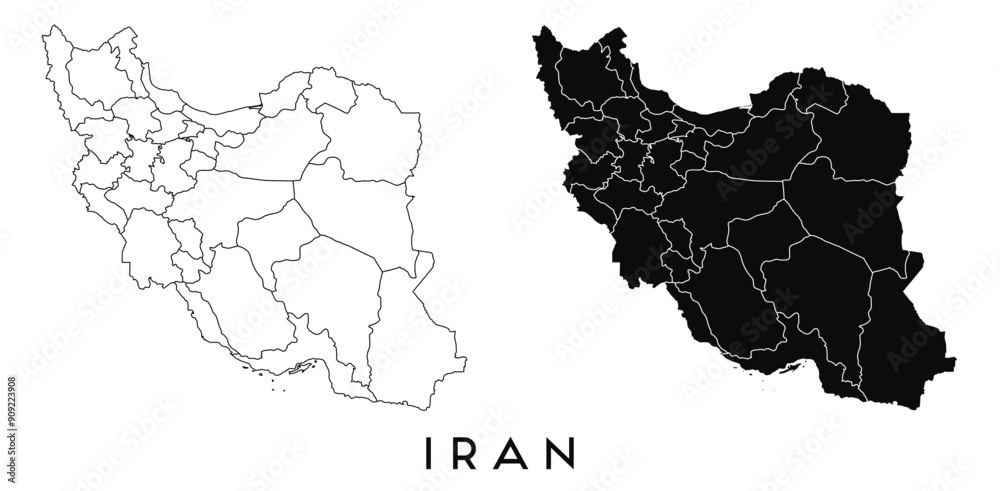 Iran map of regions districts vector black on white and outline Stock ...