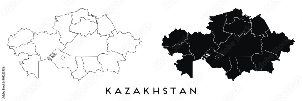 Kazakhstan map of regions districts vector black on white and outline ...