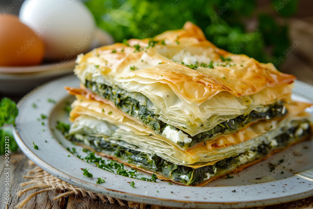 Spanakopita, greek phyllo pastry pie with spinach and feta cheese ...