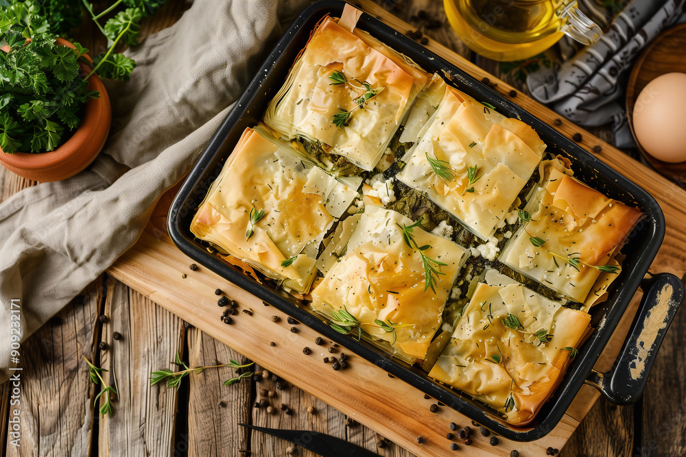 Spanakopita, greek phyllo pastry pie with spinach and feta cheese ...