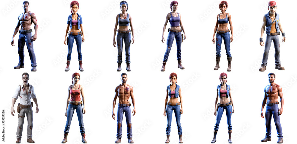 Apocalyptic survivor video game characters as graphic elements with ...