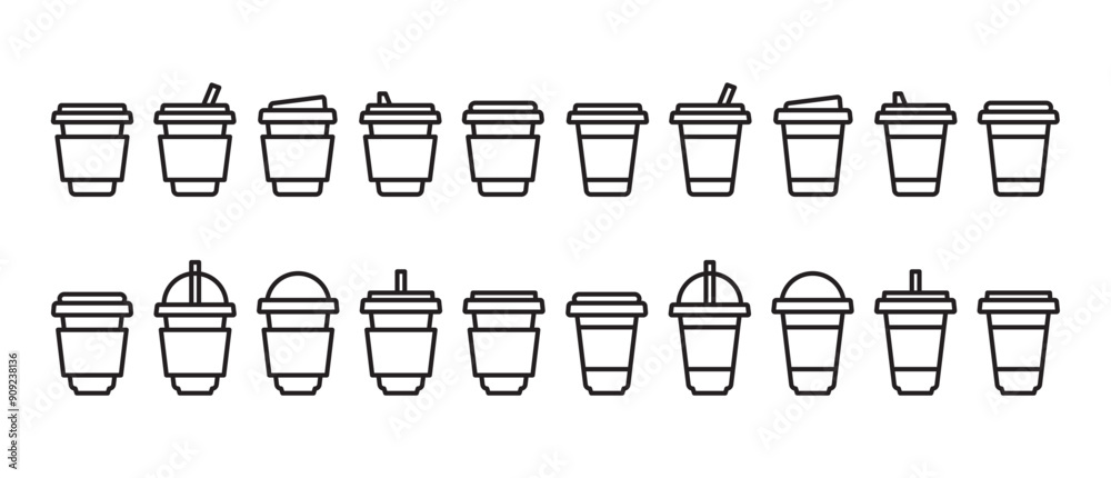 Soft drink line icon set. Cold and hot drink icon in modern packaging ...