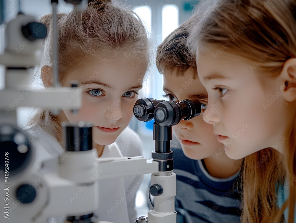 Young Children Closely Examining Each Other s Eyes with Ophthalmoscope ...