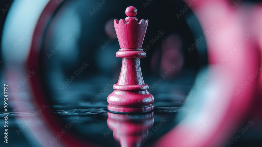 This image shows a red queen chess piece prominently framed, situated ...