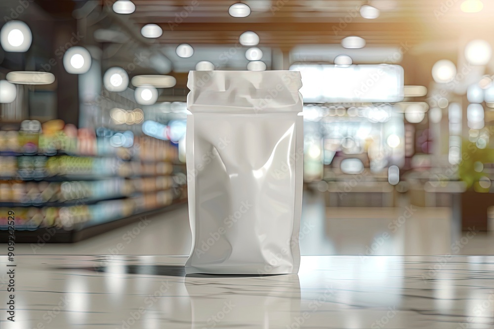 standing pouch for empty white products, on a plain table with blur ...