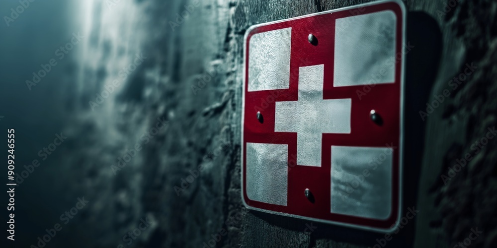 Red Cross Sign on Grunge Wall: A weathered, red cross sign with a white ...