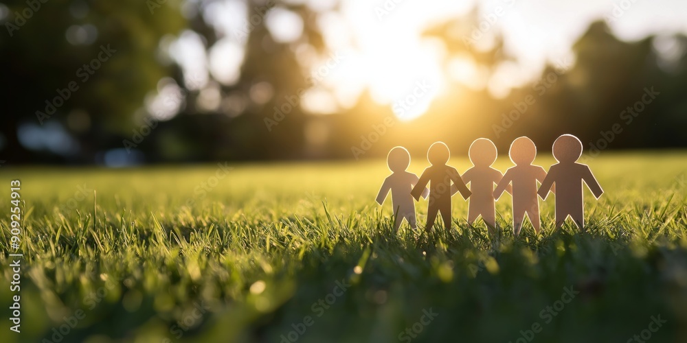 Paper Chain of Unity in Golden Hour: Four paper figures stand hand-in ...