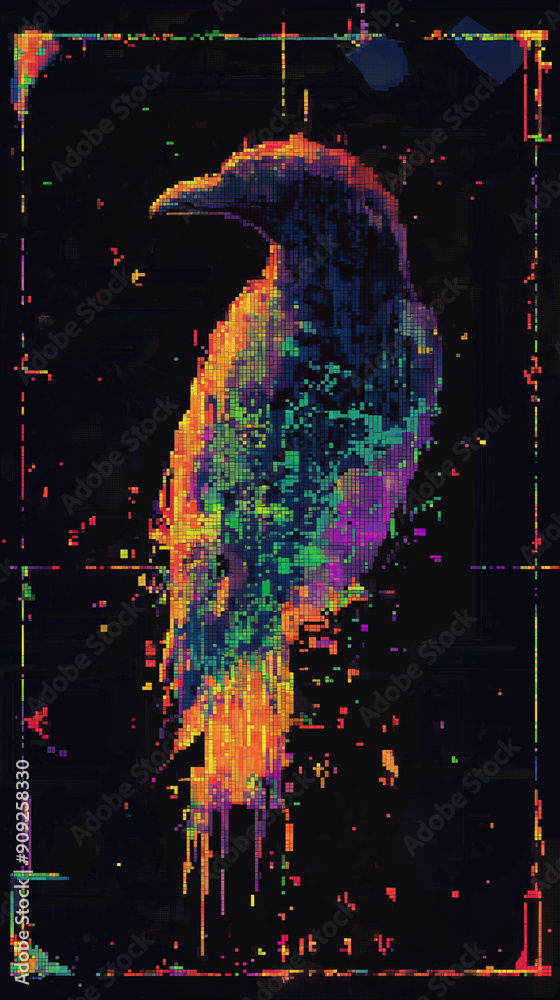 Colorful pixel art magical raven in glitch art style on a black ...