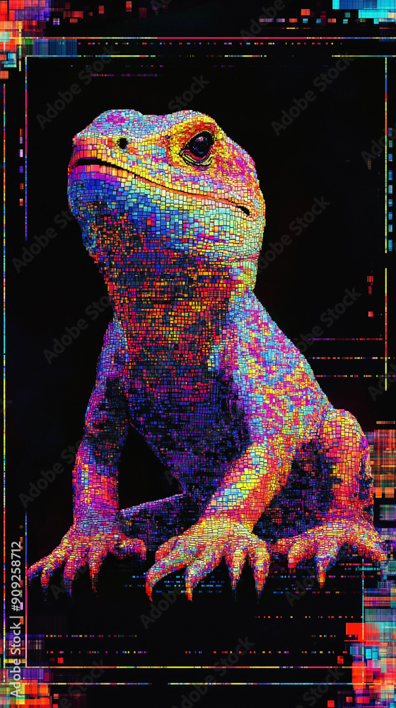 Colorful pixel art Monitor lizard in a threatening pose in glitch art ...