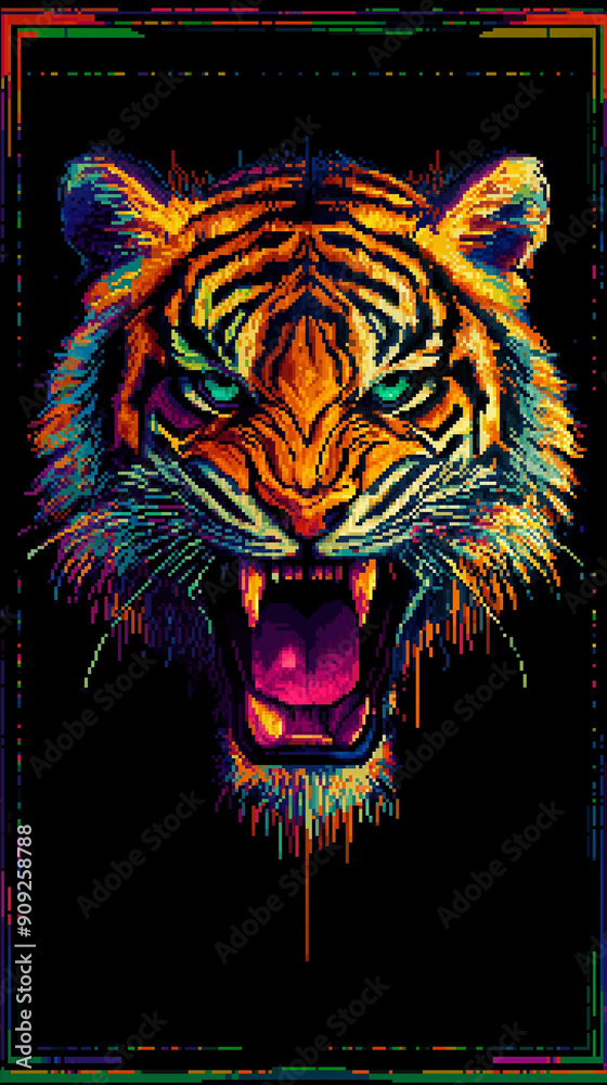 Colorful pixel art angry tiger in glitch art style on a black ...