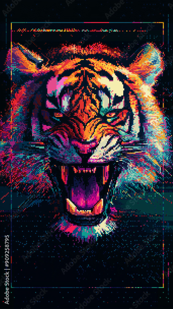 Colorful pixel art angry tiger in glitch art style on a black ...