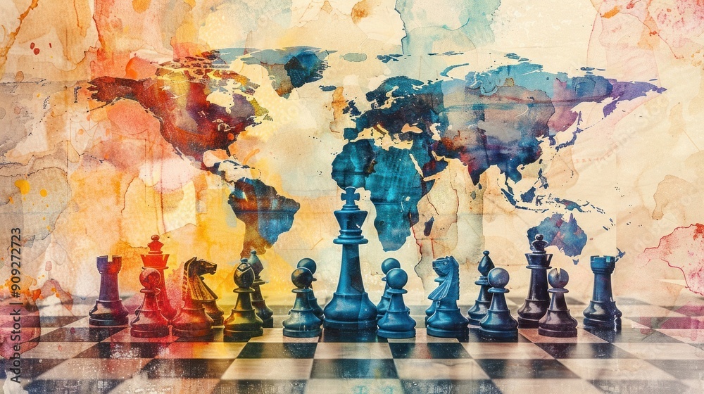 Colorful chess pieces in front of a world map, symbolizing strategy ...