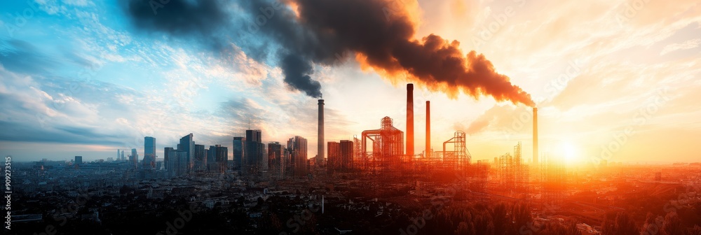 Smog Sunset: A dramatic cityscape shrouded in pollution, with smoke ...