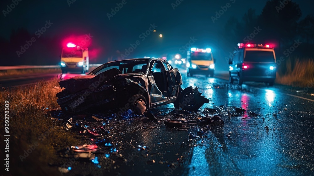 Car Accident on Highway at Night with Wrecked Vehicle and Emergency ...