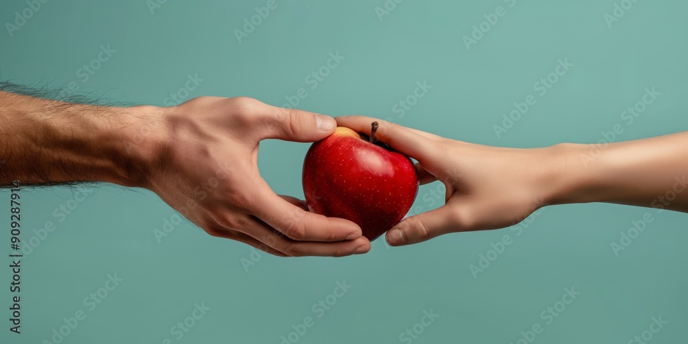 Sharing a Red Apple: A close-up image of two hands, one male and one ...