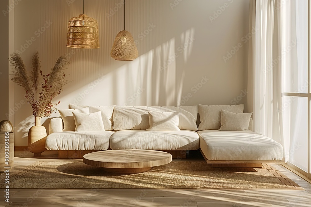 Modern minimalist living room. Corner sofa with pillows, trendy pendant ...