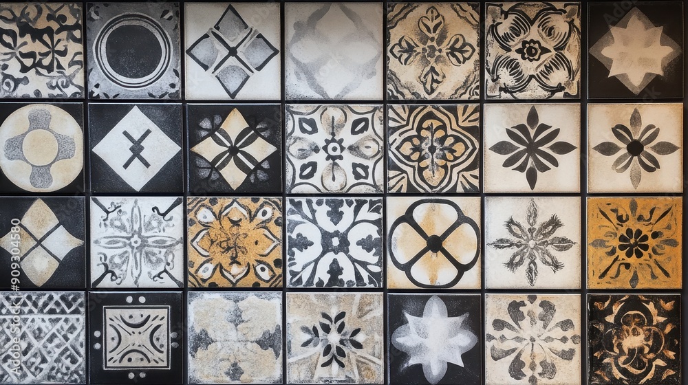 Collection of square tiles with various ornamental designs ...