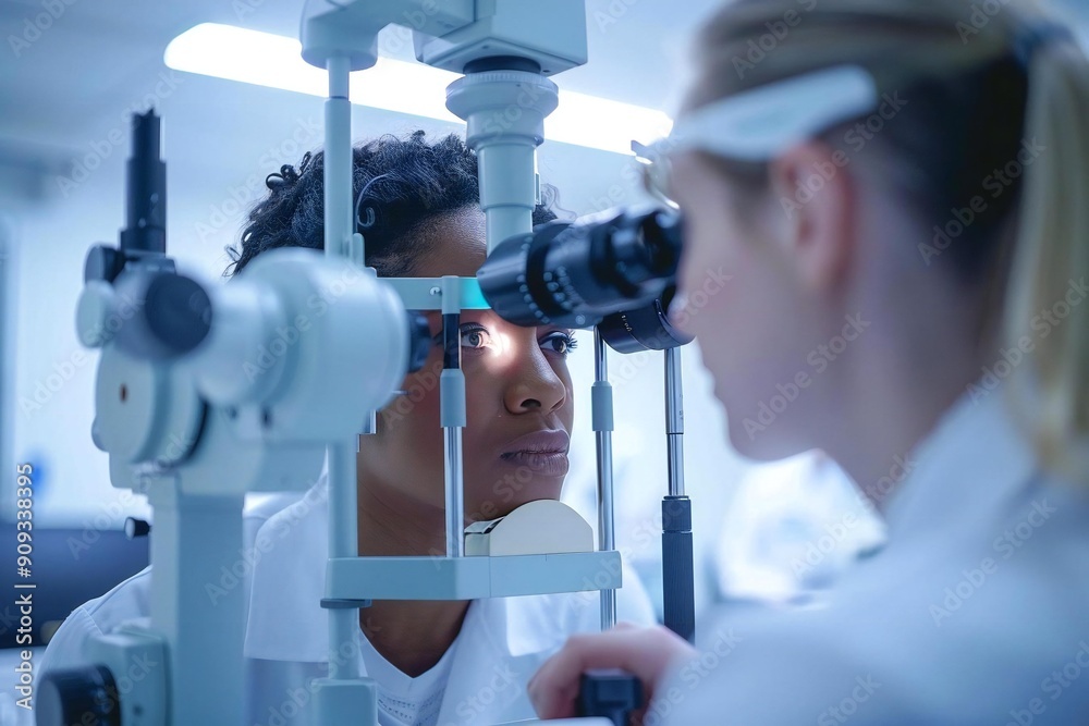 Woman Optometrist Conducting Patient Examination Using Phoropter at Eye ...