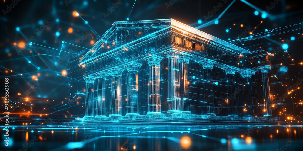 A futuristic bank building made of light and data, glowing with blue ...