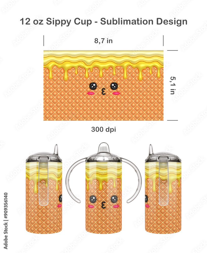 Funny Puffy Kawaii honey ice cream. Seamless sublimation template for ...